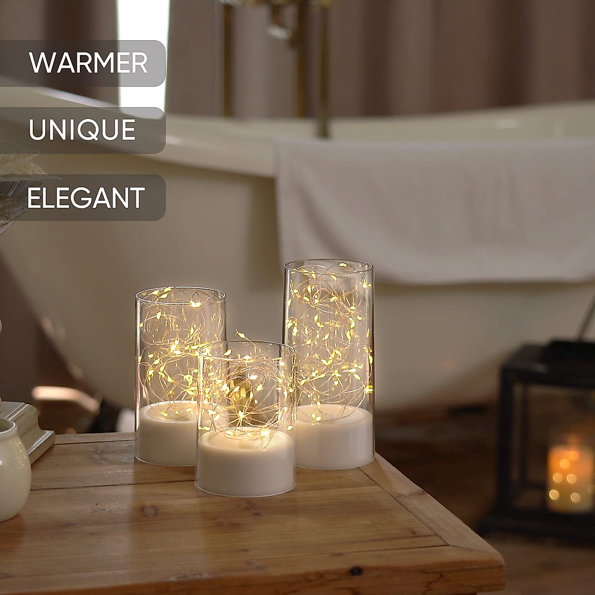Homemory White Clear Flameless Candles with Remote, Embedded Twinkle String Lights in Acylinder Battery Pillar Candles, Unique Timer Fake Candles for Wedding Home Decor, 8 Mode Lights, Set of 3