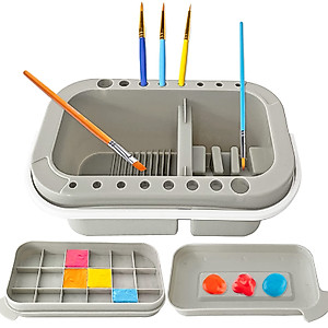 Cshangzei Paint Brush Basin,Plastic Paint Water Cup Brush Tub,Multifunction Artist Brush Washer with Brush Holder,Palettes and Handle for Watercolor Outdoor Indoor Painting