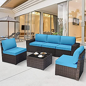 Grezone 6 Pieces Patio Outdoor Furniture Sets All Weather Wicker Sectional Sofa Couch Lawn Sectional Furniture with Washable Couch Cushions and Black-Glass Table (Blue)