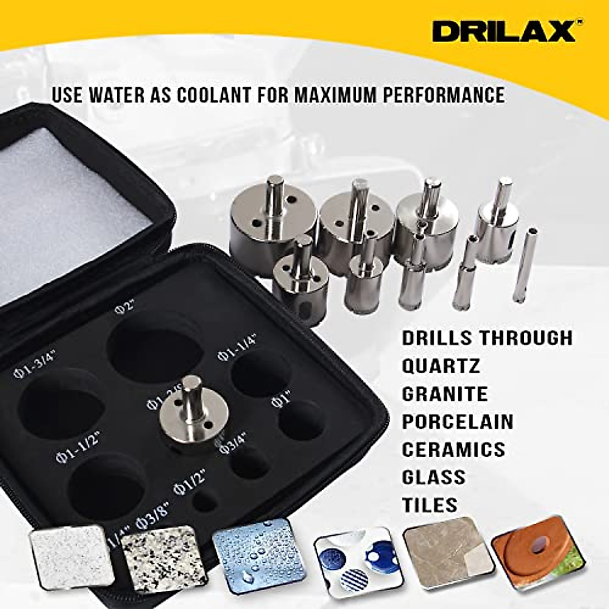Drilax Diamond Hole Saw Set with Template Guide 0.25 to 2 inches 10 Pieces for Ceramic Porcelain Glass Tiles Quartz Granite Drilling 1/4, 3/8, 1/2 (0.5), 3/4, 1, 1 1/4, 1 3/8, 1 1/2, 1 3/4, 2 inches