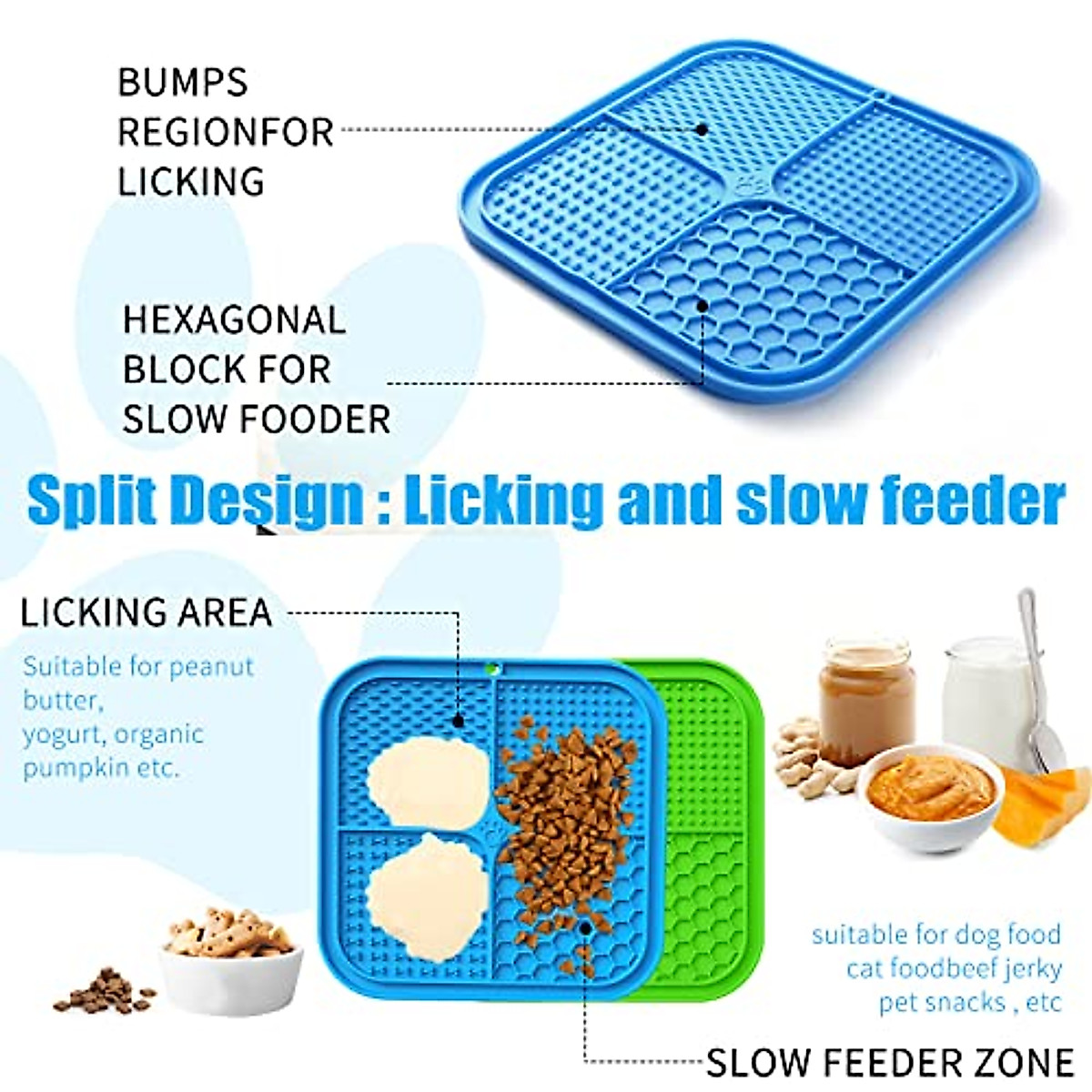 Licking Mat Slow Feeder for Dogs and Cats, Premium Lick Pad with Suction Cups for Dog Anxiety Relief, Slow Feeder Dog Bowls, Bathing, Grooming and Training, 2 Pack (Green and Blue)