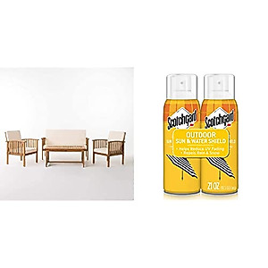 Christopher Knight Home Carolina Outdoor Acacia Sofa Set, 4-Pcs Set, Brown Patina + Cream Cushion & Scotchgard Sun and Water Shield, Repels Water, 21 Ounces