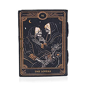 Book of Spells Leather Journal Deckle Edge Paper Grimoire Printed Journal The Lovers Tarot Notebook Spiral Gothic Notebook Skull lover Antique Vintage Leather Journals for Men and Women