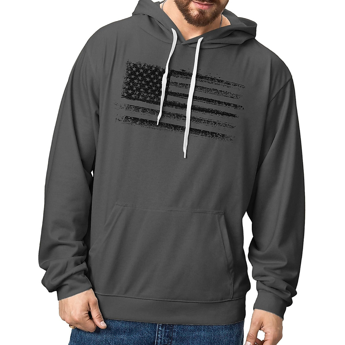 H HYFOL Graphic Hoodies for Men USA Flag Pocket Pullover American Patriotic Long Sleeve Sweatshirts(Medium Grey,XL)