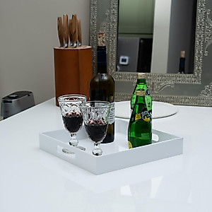 MUKEEN Glossy White Acrylic Serving Tray with Handles, 12x12x2H Inches - Spill Proof, Decorative Trays for Countertop, Ottoman Coffee Table, Nightstand, Breakfast, Tea, Food