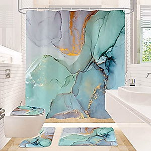 Gibelle 4 Pcs Bathroom Shower Curtain Set with Non-Slip Rugs, Toilet Lid Cover and Bath Mat, Green Marble Bathroom Decor Set with Shower Curtain and Rugs and Accessories