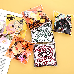 300 Pcs Halloween Treat Bags, 6 Cute Style Candy Bags Clear Trick or Treat bags Self Adhesive Plastic Bags Bulk for Halloween Party Favor Supplies Gift (A)
