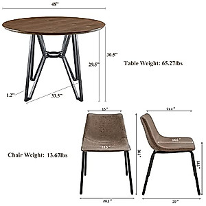 Round Dining Room Table Set with 6 Armless Upholstered Chairs 48"D Circle Kitchen Table with Metal Eedge Tabletop for Dining Room Home Kitchen, Dark Walnut+Black&Light Wheat-6P YCZ2012BW+1179LT