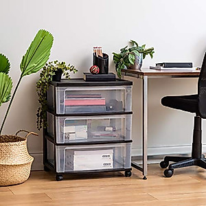 IRIS USA Plastic 3 Drawer Wide Storage Drawer Cart with 4 Caster Wheels for Home, Closet, Bedroom, Bathroom, Office, Laundry, Kitchen, Craft Room, Nursery and School Dorm, Black, Set of 1