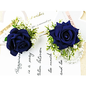 MAFELOE 2Pcs of Wrist Corsage and Boutonniere Set, Artificial Flowers Accessories Suit Decor for Wedding Prom Party Homecoming Ceremony Anniversary - Navy Blue