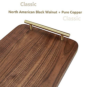 MAGIGO 28 x 10 Inches Extra Long Rectangle Large Walnut Wood Ottoman Plank Tray with Pure Copper Handles, Serve Tea, Coffee or Breakfast in Bed, Classic Wooden Decorative Serving Tray