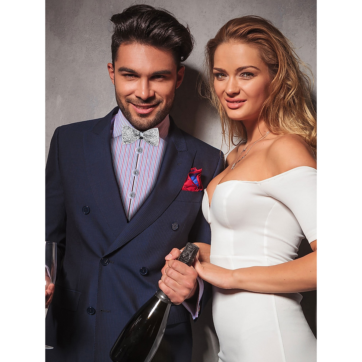 2 Pieces Rhinestone Bow Ties Banquet Bowties Men's Pre-tied Bow Ties for Wedding and Parties (Silver)