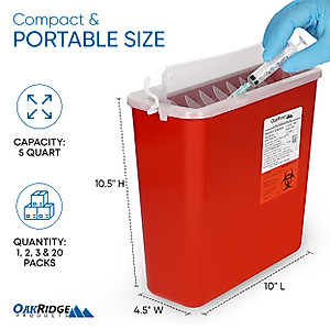 Oakridge Products Sharps Container for Home Use and Professional 5 Quart (1-Pack), Biohazard Needle and Syringe Disposal, Horizontal Drop Style Lid with levers, CDC Certified