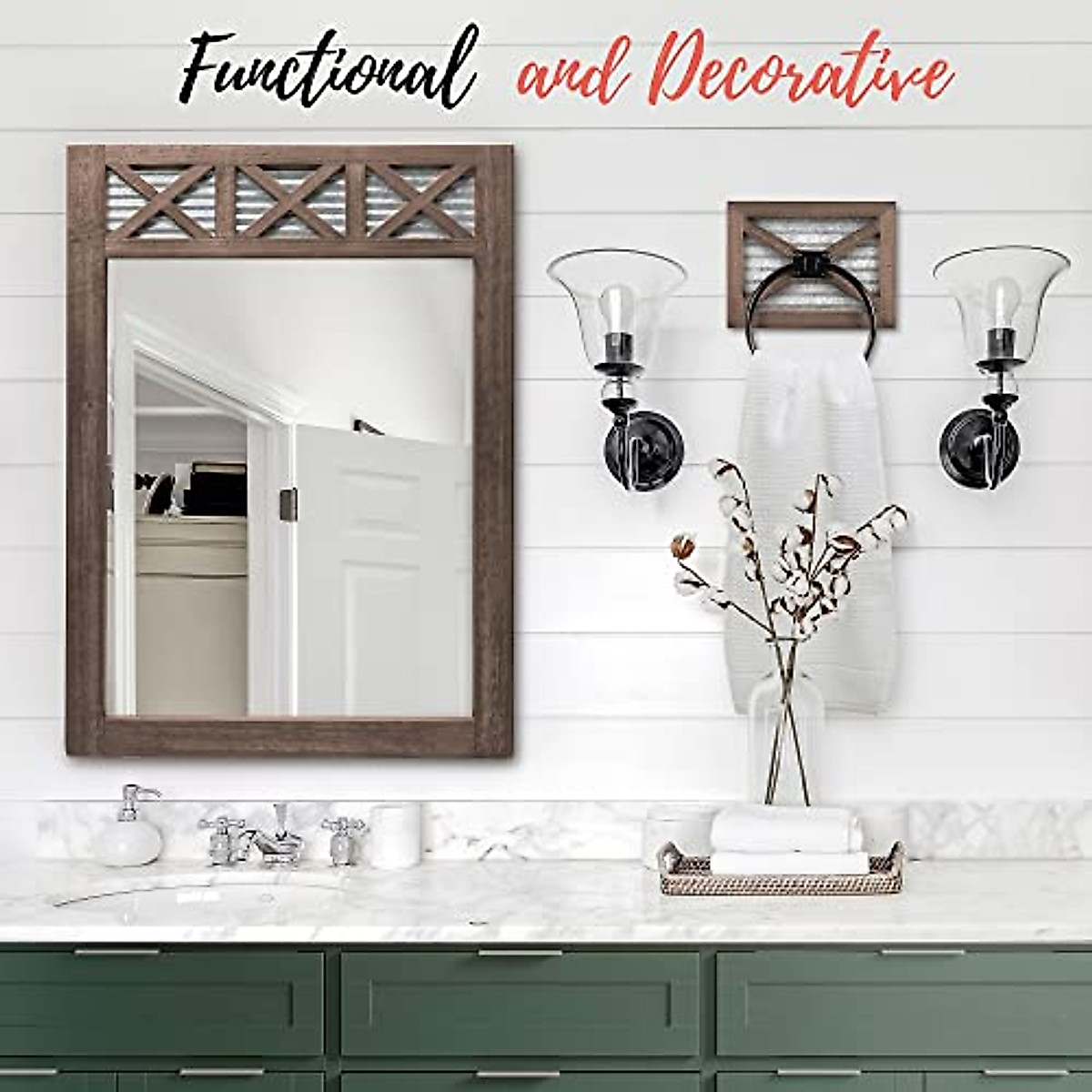 Autumn Alley Farmhouse Bathroom Mirror - Rustic Mirror - Vanity, Bathroom and Bedroom Mirror Wall- Country Farmhouse Decor, Mirror Barn Door Wood, Galvanized Metal, Small Size: 20" x 28", Brown