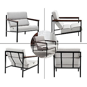 EALSON Mid Century Modern Accent Chair Comfy Armchair with Metal Frame Linen Upholstered Lounge Chair Single Sofa Chair with Wood Armrest for Living Room/Bedroom/Reception Room, Grey