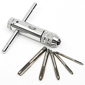 QISF Adjustable Silver T-Handle Ratchet Tap Holder Wrench with 5pcs M3-M8 3mm-8mm Machine Screw Thread Metric Plug T-shaped Tap