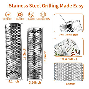 Vilopin Rolling Grilling Baskets for Outdoor Grill BBQ,Net Tube,Stainless Steel Large Round Mesh Rotation Barbecue Cylinder Cage Cooking Accessories for Veggies Fish Meat Food Camping Family Picnic