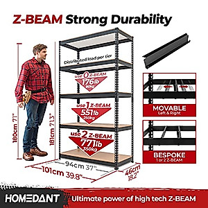 HOMEDANT Z-beam 5-Tier Laminated Heavy Duty Metal Shelving Unit Adjustable Garage Storage Utility Rack Shelves Organization Multipurpose Shelf Warehouse Industrial Shed 39.8"W x 18.2"D x 71.3"H 1Pack