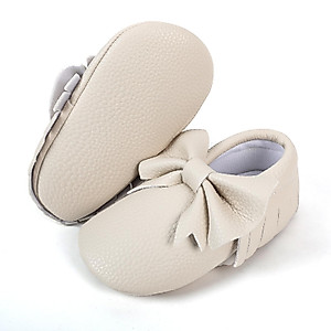 Bebila Double Bow Fringe Baby Moccasins - Soft Sole Baby Shoes Girls Toddler Crib Flats