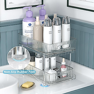 Fowooyeen 2 Pack Bathroom Cabinet Organizer, 2 Tier Pull Out Clear Under Sink Organizers and Storage, Multi-Purpose Kitchen Pantry Medicine Organization and Storage Shelves Bins with Movable Dividers