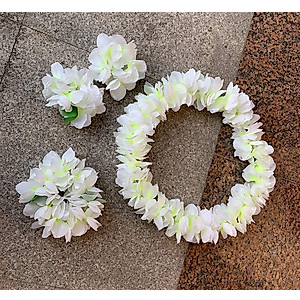 4 Pcs White Hawaiian Leis with Green Leaves for Graduation Party, Dance Party, Photo Prop in Outdoors (White)