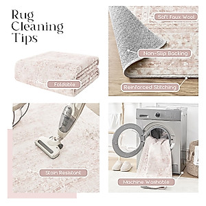 Nursery Rug for Baby Girl,Neutral Blush Pink Boho Cute Floral Foldable Machine Washable Soft Faux Wool Carpet Area Rugs for Living Room Bedroom Dorm Kids Playroom,5x7