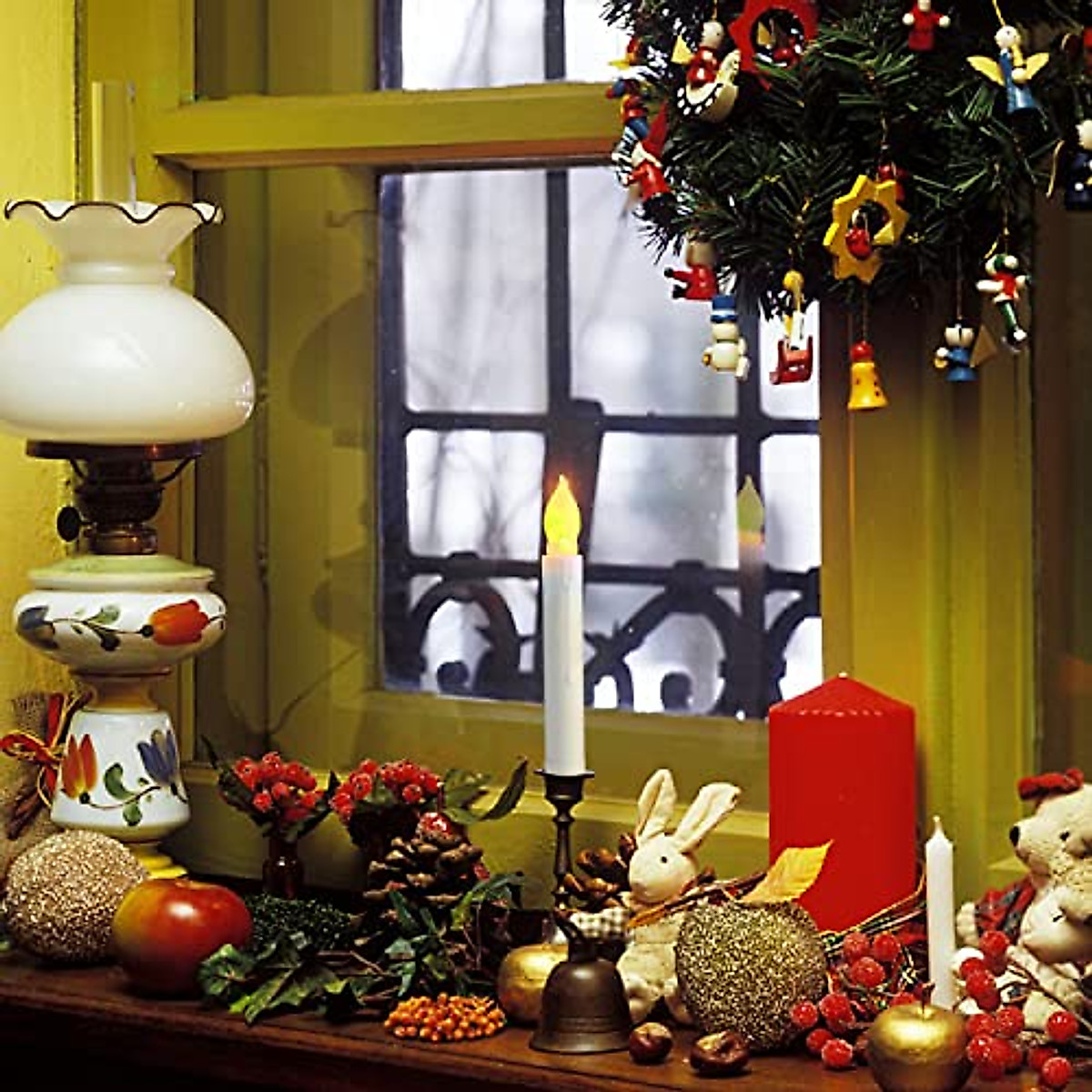 Raycare 12 PCS Battery Operated LED Taper Candles and 24 PCS Batteries (Last up to 800 Hours), Flameless Taper Candles with Flickering Warm White Light