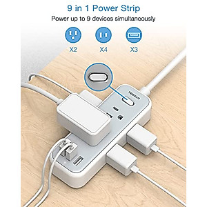 Small Power Strip with 3 USB Ports, TESSAN Flat Plug Extension Cord 6 Feet, Mini 6 Outlets Portable Nightstand Desktop Charging Station for Travel Dorm Room Cruise Ship Essentials