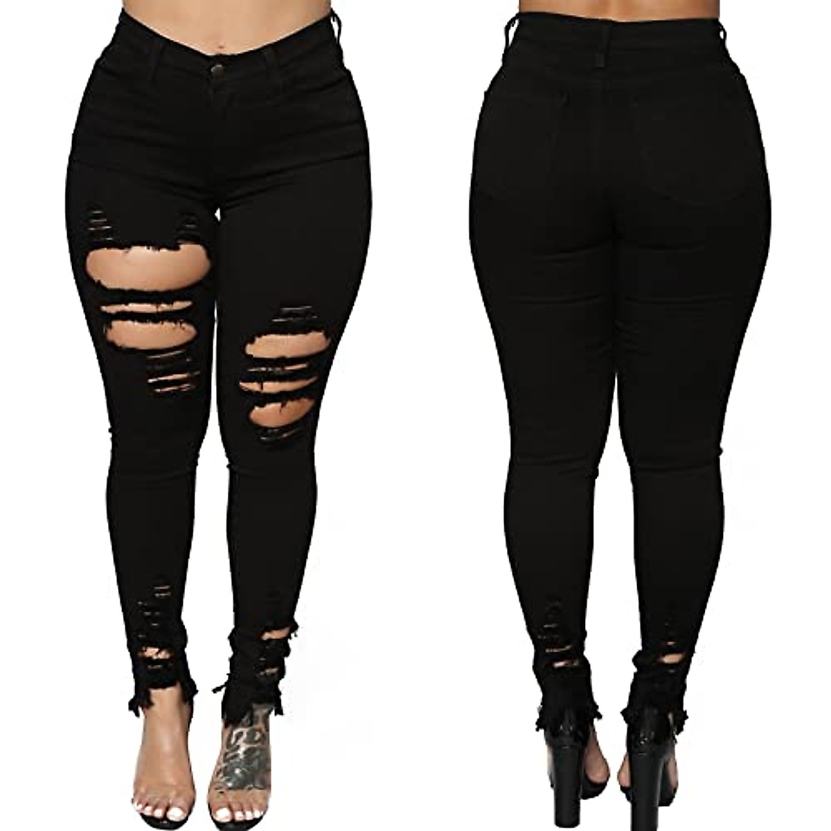 TodTan Women's Skinny Jeans Ripped Mid Rise Stretch Destroyed Denim Pants Jeans Black-b