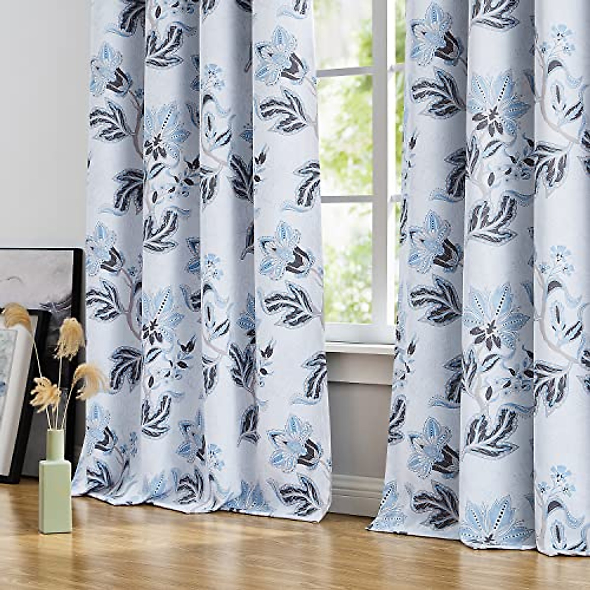 Blue White Blackout Curtains for Bedroom Living Room 84inch Long Floral Vine Leaf Curtain Panels Triple Weave Thermal Insulated Curtain Drapes 50" W 2 Panels