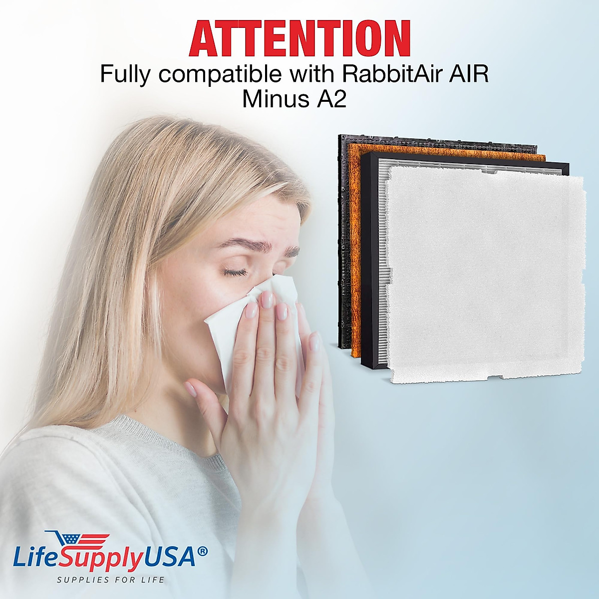 LifeSupplyUSA Set of 4 Replacement Filter Kit Compatible with RabbitAir Air MinusA2 SPA-700A & SPA-780A Air Units (Pre-Filter, Carbon, HEPA, and Odor remover)