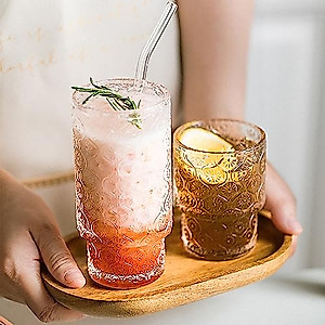 Glass Cups Vintage Glassware | Set of 4 Large, Embossed Stackable Pattern Style Transparent Cocktail Glasses Set, Ice Coffee Cup Juice Drinkware, Clear, 310ml (L)