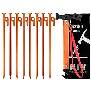 RIY Tent Stakes, 8Pcs Heavy Duty 12 Inch Steel Tent Stakes with 12 Inch Camping Hammer, Hiking Camping Kit Easy to Carry and Use