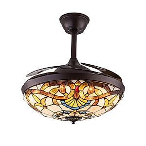 Sindipanda 42" Tiffany Ceiling Fan,Retractable Blade LED Chandelier Fan,Vintage Stained Glass Chandelier w/Remote,for Dining Room Bedroom Living Room