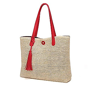 QTKJ Women Straw Summer Beach Bag Handwoven Big Tote Leather Shoulder Handbag with Tassel Decorate (Red)