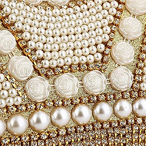 Women Crystal Evening Clutch Purse Pearl Flower Crossbody Bag Lady Tassel Wedding Party Hand Bags with Chain (Light gold)