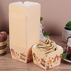 TOYANDONA 100pcs Paper Baking Cup Small Square Cake Wrappers Cupcake Liners Desserts Holders Muffin Cases for Weddings Birthdays Baby Shower (Cartoon Circus)