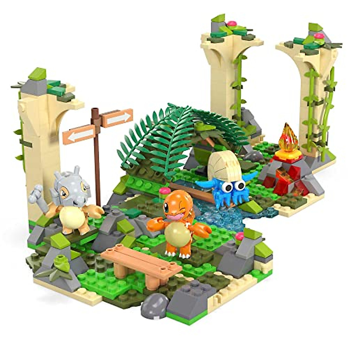 MEGA Pokemon Action Figure Building Toy, Jungle Ruins with 464 Pieces, Motion and 3 Characters, Cubone Charmander Omanyte, Gift Idea for Kids