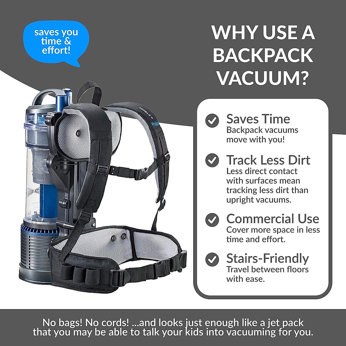 Prolux 2.0 Standard Bagless Backpack Vacuum Cleaner, Lightweight & Comfortable for Residential & Industrial Use, Double HEPA Filtration, Multiple Attachments, Padded Straps