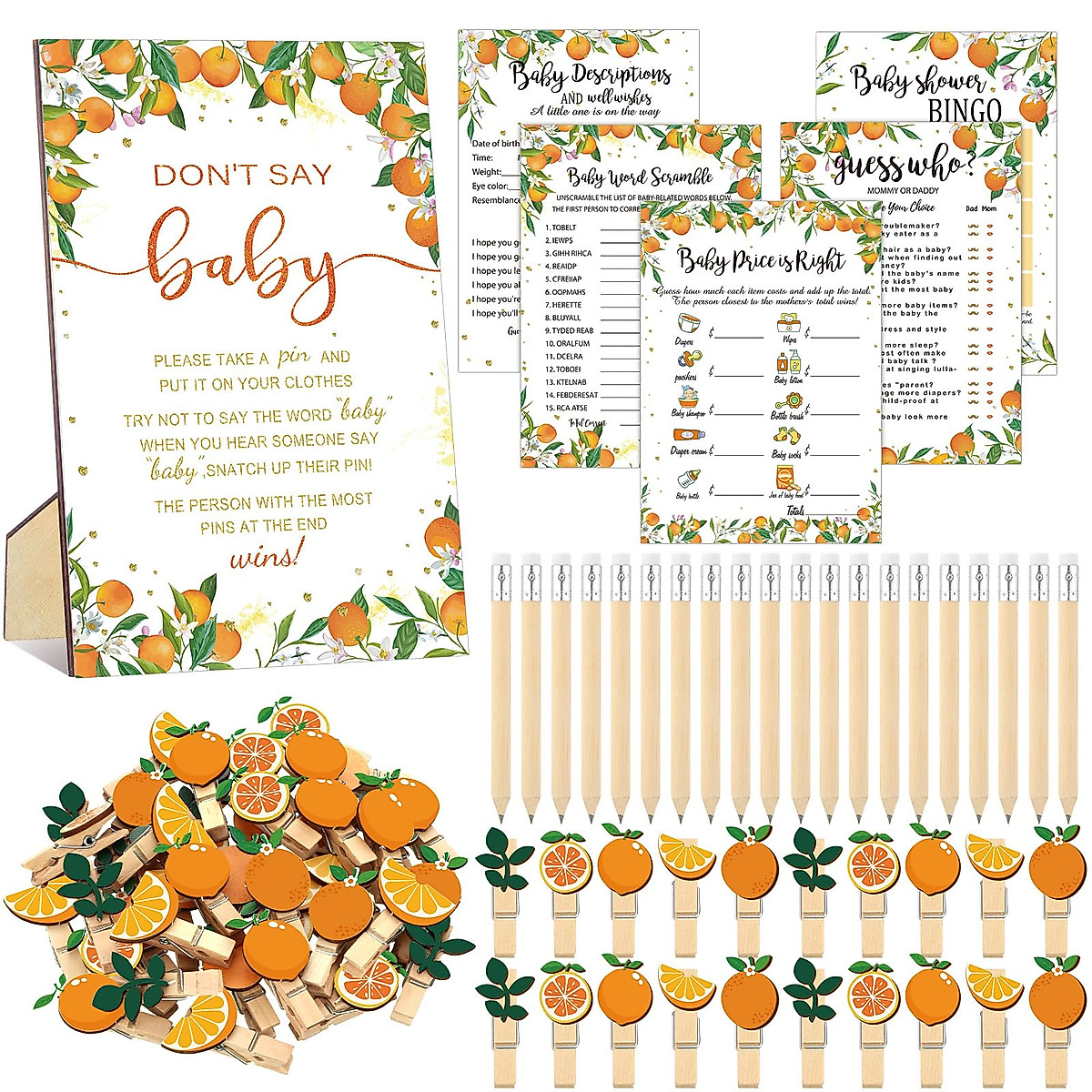 Patelai 321 Pcs Baby Shower Games Supplies, 5 Sets (50 Cards Each) Activities Cards with 20 Pencils 1 Don't Say Baby Sign 50 Clothespin(Litttle Cutie)