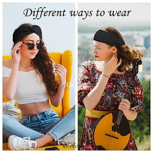 Hjiaruiky 2Pcs Turban Headbands for Women Boho Stretchy Fashion Headbands Fabric Twist Knotted Cloth Cute Thick Headband Head Wraps for Womens Girls Black
