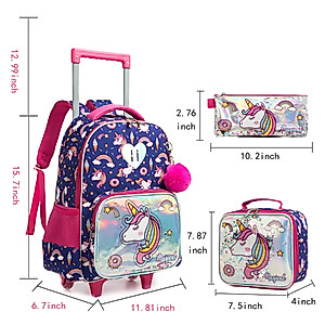 MOHCO Rolling Backpack for Kids Wheeled Backpack for Girls with Lunch Bag Pencil Case