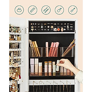 SONGMICS Jewelry Cabinet Armoire, Freestanding Lockable Storage Organizer Unit with 2 Plastic Cosmetic Storage, Full-Length Frameless Mirror, for Necklace Earring, White UJJC002W01