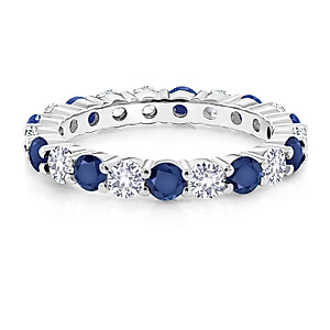 Gem Stone King 3.00 Cttw Blue Sapphire and White Created Sapphire Eternity Band Ring For Women In 925 Sterling Silver | Available in size 5, 6, 7, 8, 9