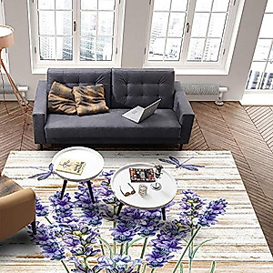 Indoor Area Rug 2' x 3' Purple Floral Lavender Dragonfly, Non-Slip Floor Rugs for Living Room/Bedroom/Baby Room/Nursery, Throw Carpet Floor Modern Home Decor Retro Country Wooden Board