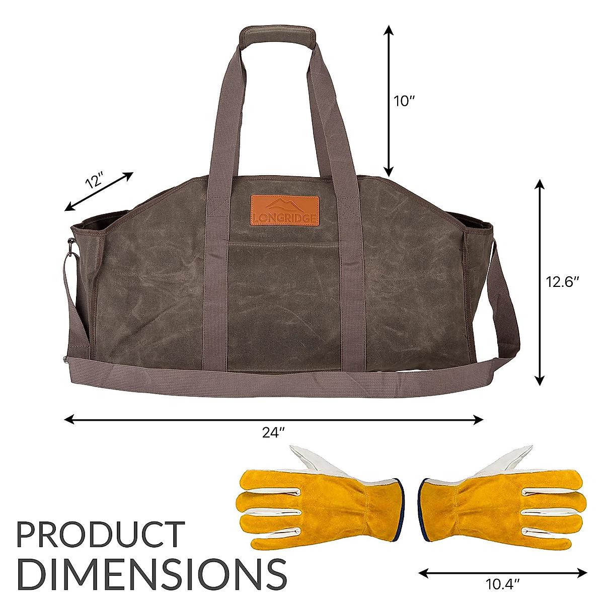 Longridge Extra Large Firewood Log Carrier Bag Tote with Leather Gloves. Durable Waxed Canvas,Handles and Shoulder Strap. Home,Camping or Gift,Grey Waxed Canvas,24 x12x12.6
