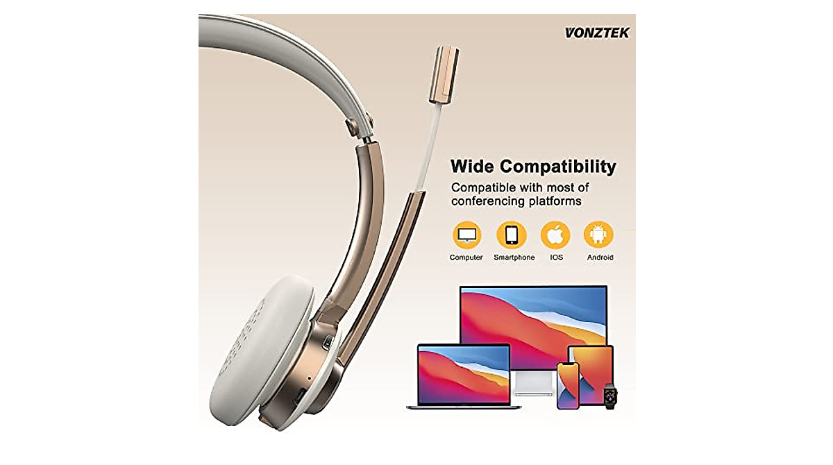Vonztek Bluetooth Headset with Noise Cancelling Mic - 26Hr Battery