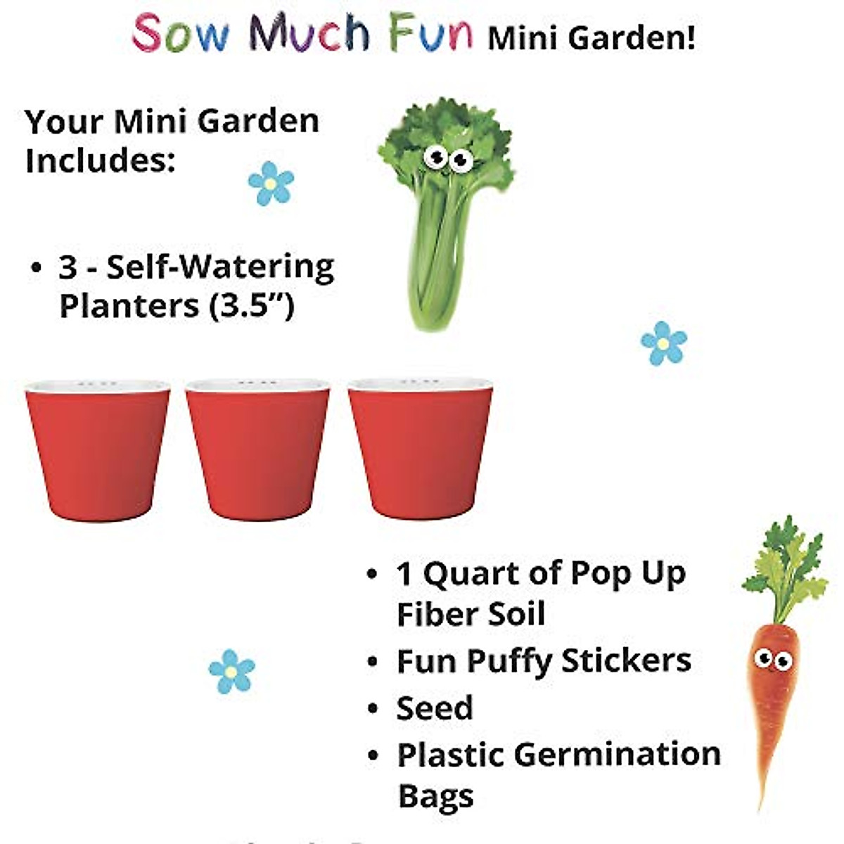 Window Garden Sow Much Fun Seed Starting, Vegetable Planting and Growing Kit for Kids, 3 Self Watering Planters, Soil, Seeds and Puffy Stickers. No Mess, Easy, Works Great! (Cucumber) & (Pumpkin)