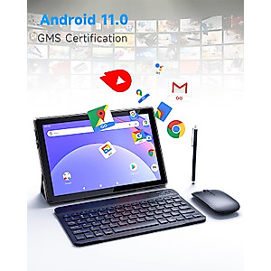 Android Tablet 10 Inch Tablets, 2 in 1 Tablet With Keyboard Include Mouse Case Stylus Tempered Film 5G Wifi Wifi6 128GB ROM+6GB RAM 10 IN IPS 8MP Camera 6000mAh Battery 10.1" FHD Android 11 Tab Black