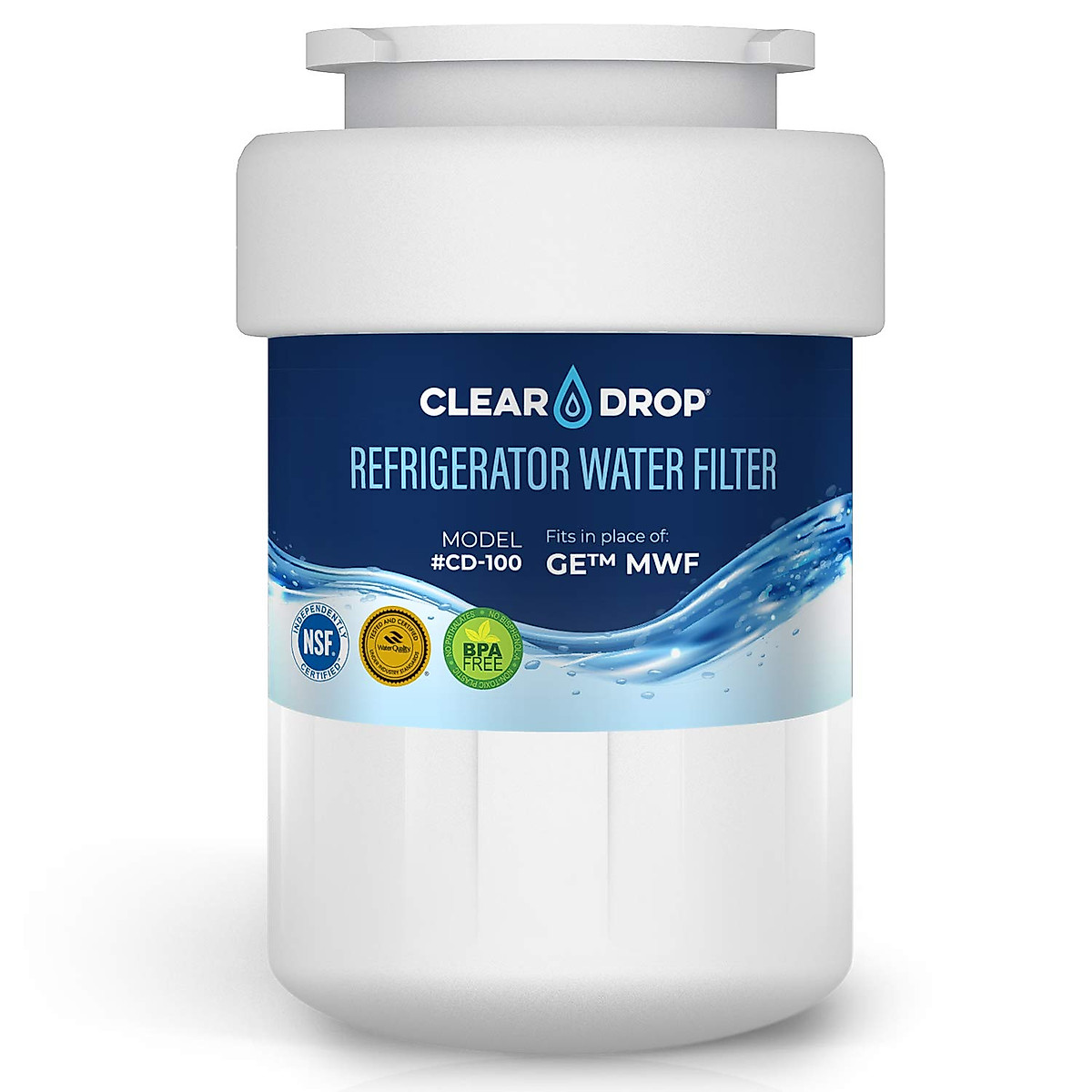 Clear Drop MWF Refrigerator Water Filter, Replacement for GE MWF, MWFP, MWFA, GWF, SmartWater, HDX FMG-1, WFC1201, GSE25GSHECSS, PC75009, RWF1060, 197D6321P006, NSF 42 and 372 Certified,
